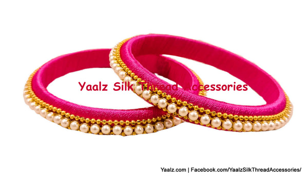 Yaalz Silk Thread Pearl Line Medium Bangle Pair In Rani Pink Color