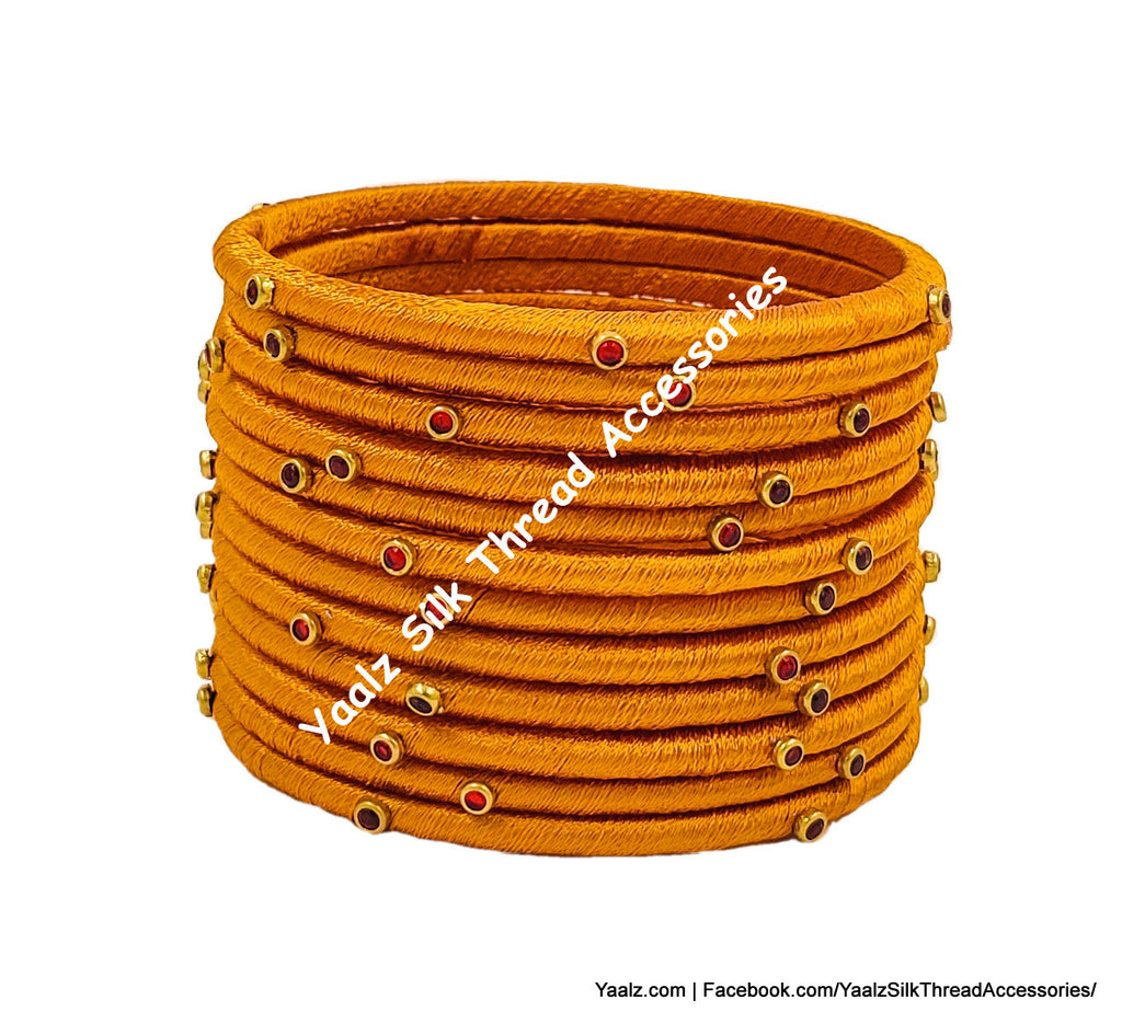 Yaalz Silk Thread Weightless Thin Dozen Bangles With Kundan Stones In