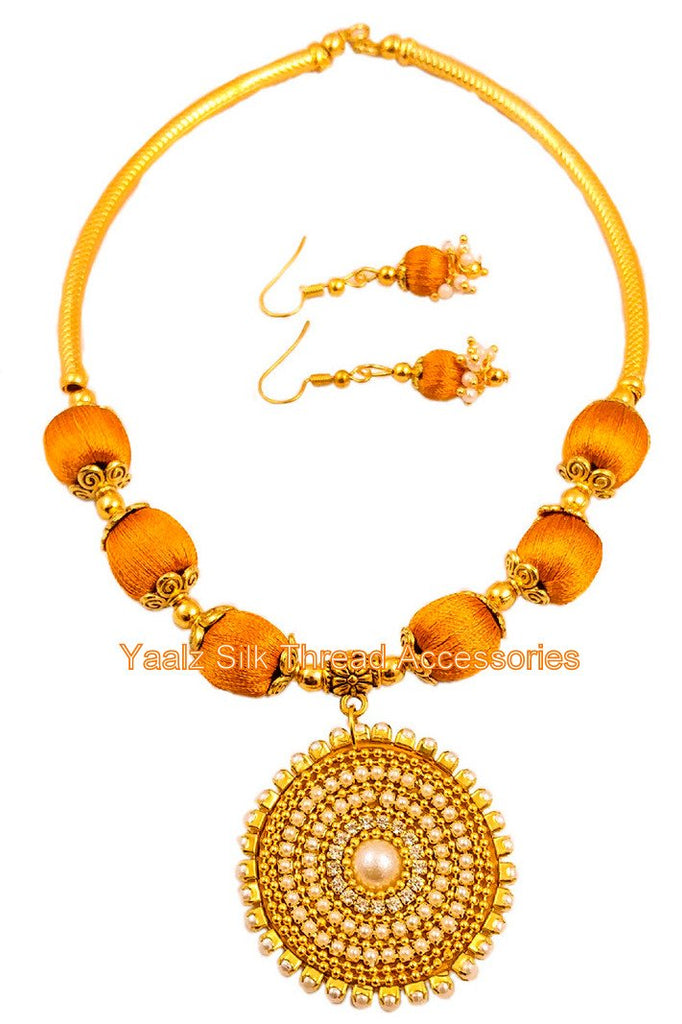 Yaalz Silk Thread Pearl Pendant Neckset With Earrings In Honey Gold Color