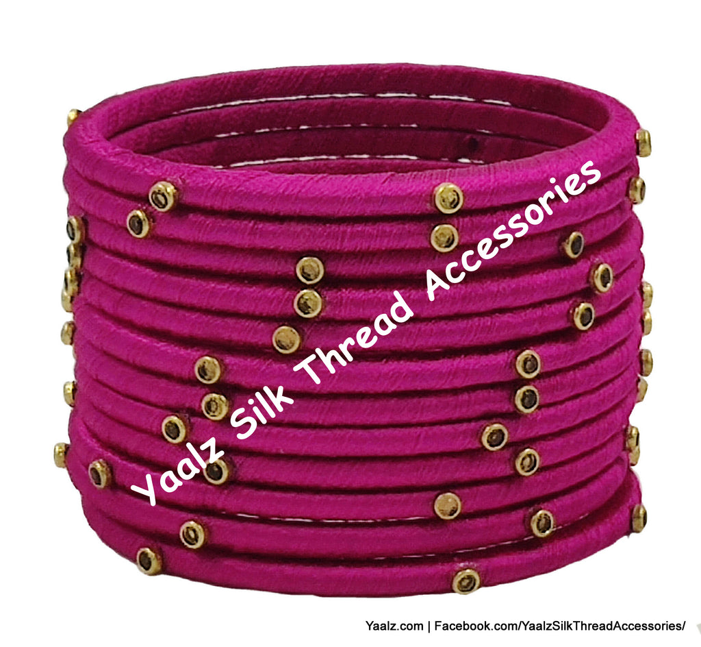 Yaalz Silk Thread Weightless Thin Dozen Bangles With Kundan Stones In